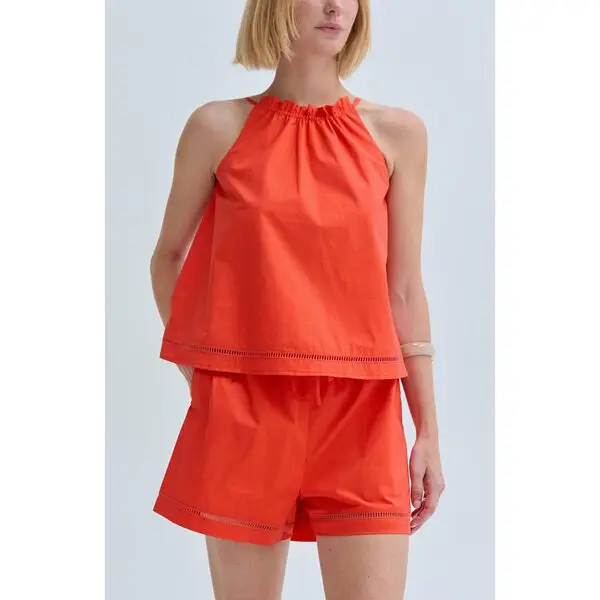 CRESCENT Poplin Lattice Trim Halter Top