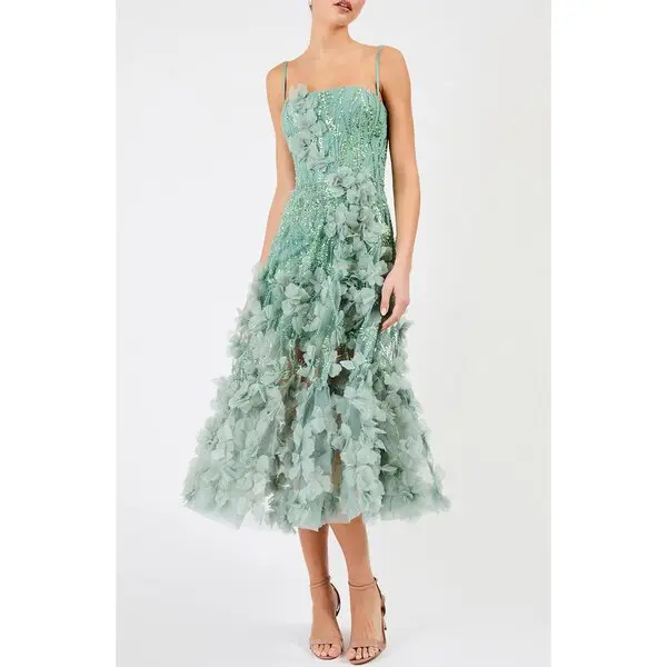 HELSI Lily Sequin Floral Appliqué Midi Dress - Sage