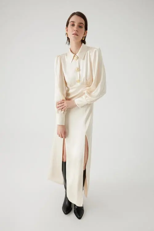 EXQUISE Alivia Midi Dress With Button Detail And Slit - Ecru