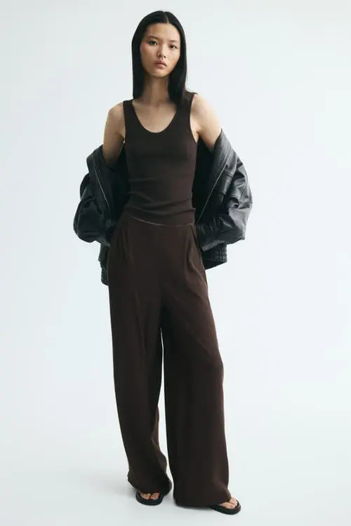 H&m Crinkled Viscose-blend Loose-fit Pants - Dark Brown
