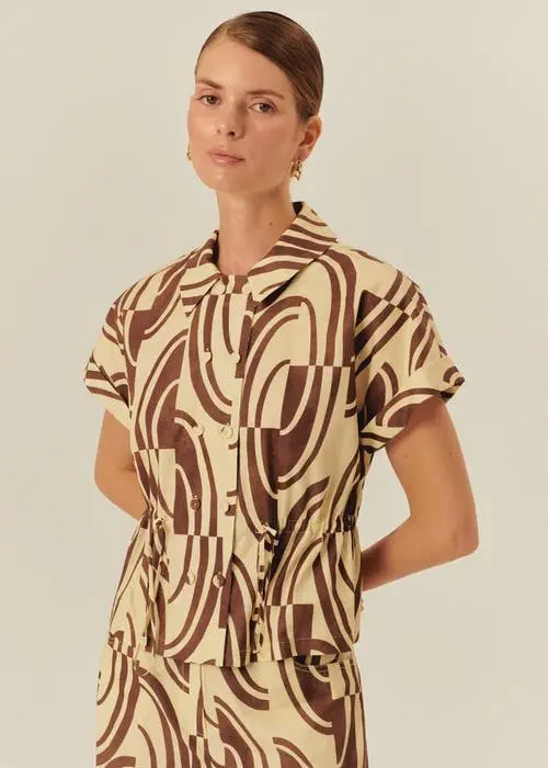 EXQUISE Abstract Print Cotton Shirt With Lace Up Detail - Brown