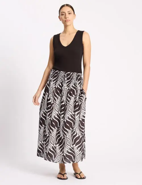 ALBARAY Mono Palm Smocked Waist Maxi Skirt