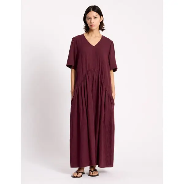 ALBARAY Cheesecloth V-neck Tunic Maxi Dress - Red