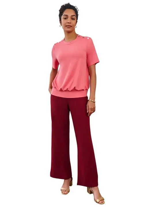 JESSICA LONDON Floral Blouson Top With Rib-knit Waistband - Tea Rose