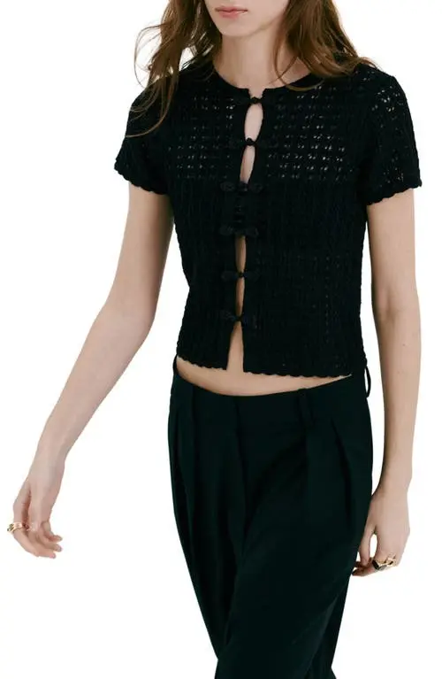 Mango Open Stitch Short Sleeve Cardigan - Black