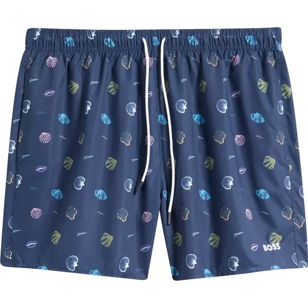 BOSS Sunfish Seashell Print Swim Trunks - Navy