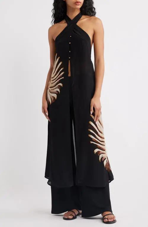 Farm Rio Ammonite Halter Neck Open Front Midi Tunic - Black