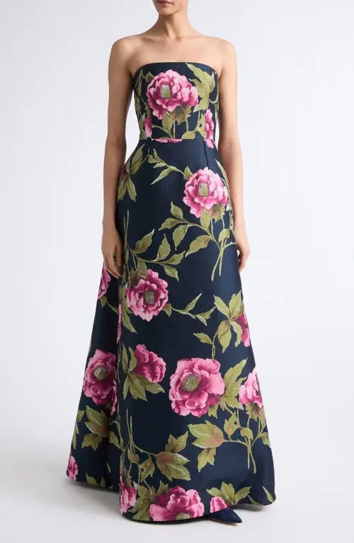 Carolina Herrera Peony Jacquard Strapless Gown - Midnight Multi