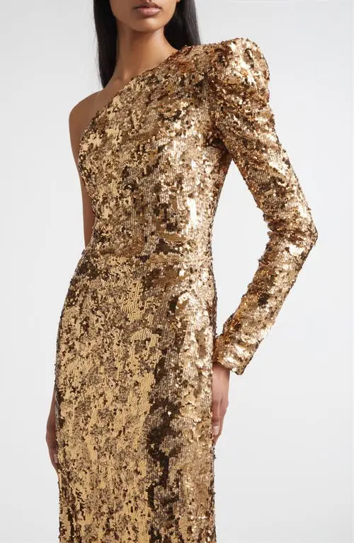 St. John Sabrina Stretch Sequin One Shoulder Long Sleeve Gown