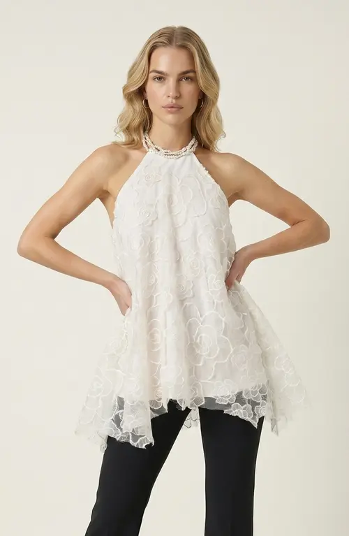 MODENAIRE Embroidered Floral Halter Top - Ivory