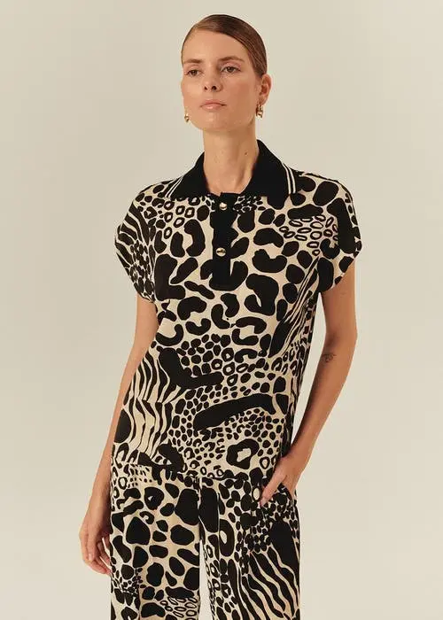 EXQUISE Sleeveless Shirt Collar Blouse With Abstract Print