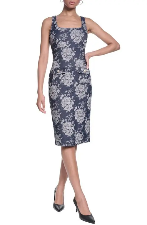 Karl Lagerfeld Paris Floral Stretch Denim Jacquard Sheath Dress - Indigo