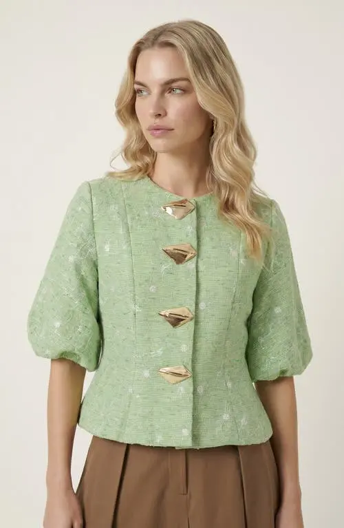MODENAIRE Elegant Puff Sleeve Top With Metallic Button Accents - Green