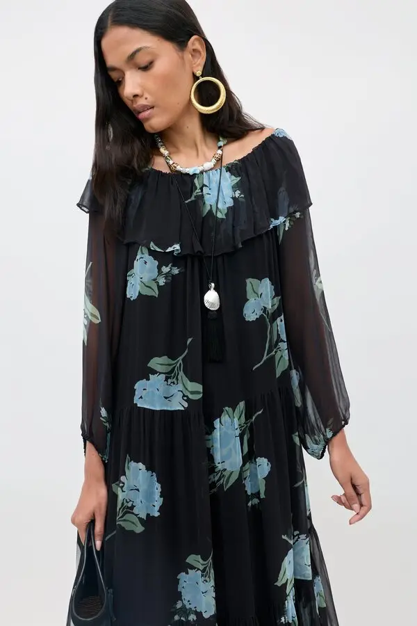 Rixo Lela Peonies Scatter Charcoal Dress