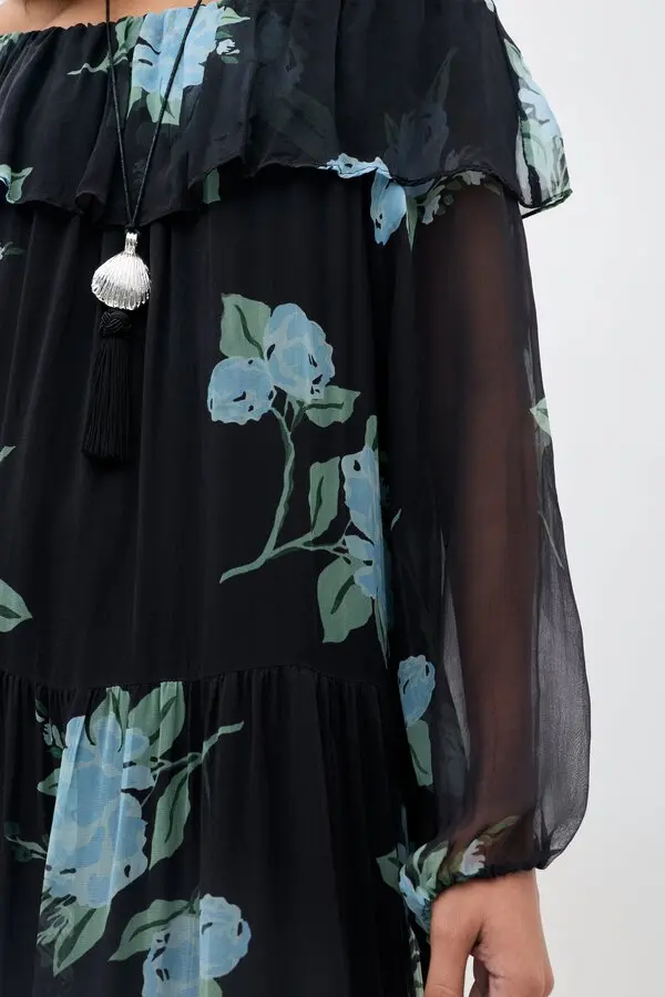 Rixo Lela Peonies Scatter Charcoal Dress