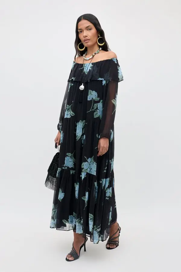 Rixo Lela Peonies Scatter Charcoal Dress - Black