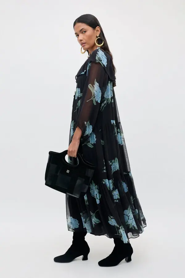Rixo Lela Peonies Scatter Charcoal Dress