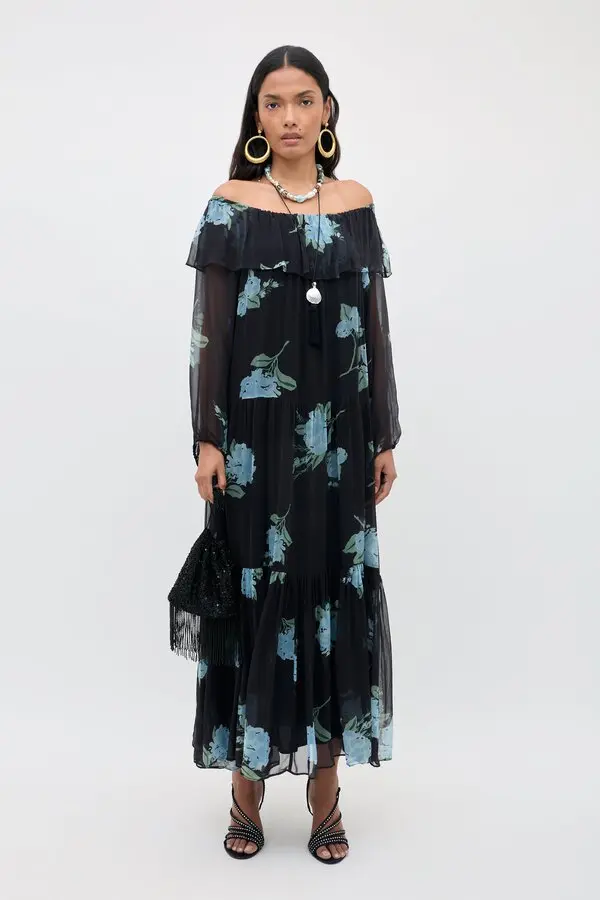 Rixo Lela Peonies Scatter Charcoal Dress