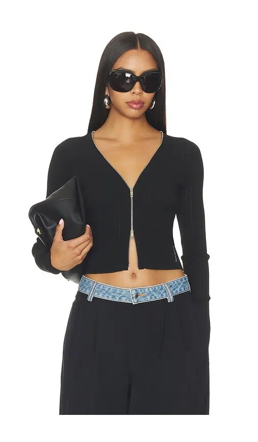 Alexander Wang Long Sleeve Pointelle Cardigan Zip Up - Black