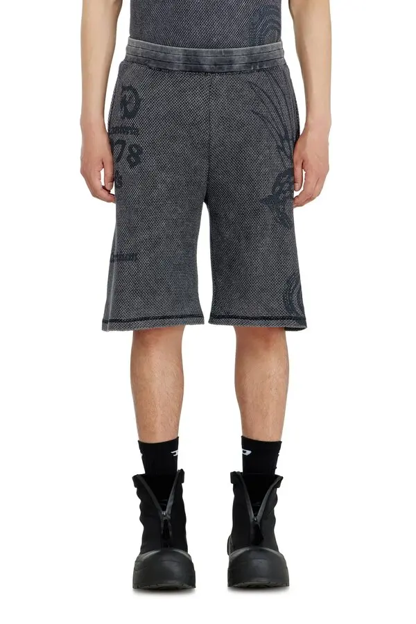 DIESEL® Mesh Cotton Sweatshorts With Graphic Prints And Acid Wash