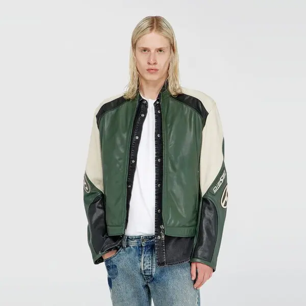 DIESEL® Color-block Perforated Leather Biker Jacket - Multicolor
