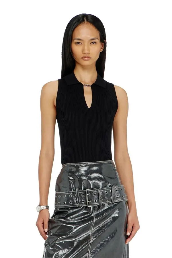 DIESEL® Sleeveless Rib-knit Silk Blend Polo Top - Black