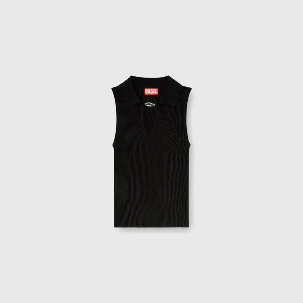 DIESEL® Sleeveless Rib-knit Silk Blend Polo Top - Black