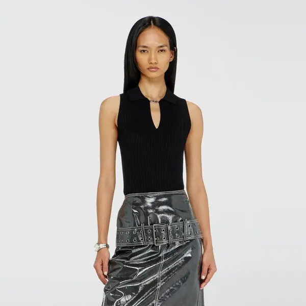 DIESEL® Sleeveless Rib-knit Silk Blend Polo Top - Black
