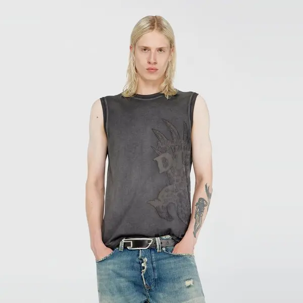 DIESEL® Sleeveless Jersey Top With Embossed Graphics - Grey