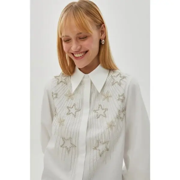 EXQUISE Star Stone Embellished Shirt - Ecru