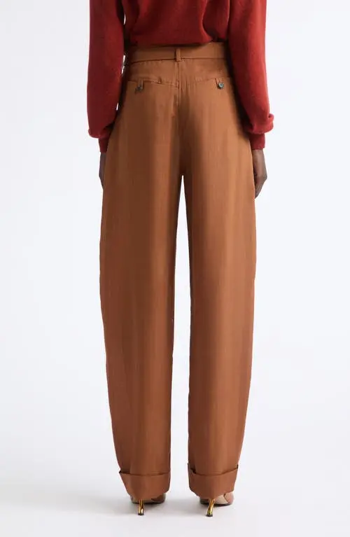 FERRAGAMO Belted Pleated Barrel Leg Virgin Wool Trousers