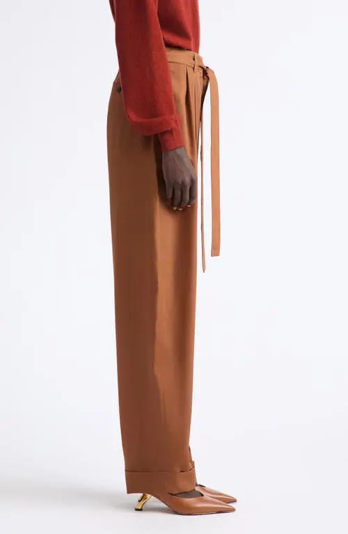 FERRAGAMO Belted Pleated Barrel Leg Virgin Wool Trousers