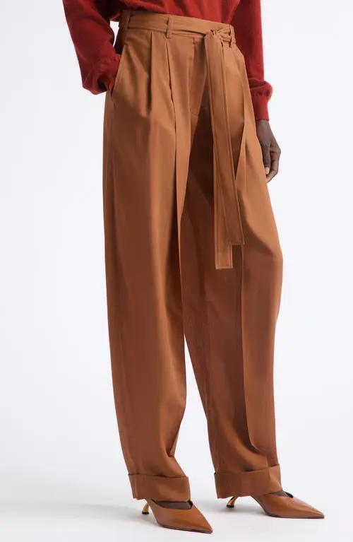 FERRAGAMO Belted Pleated Barrel Leg Virgin Wool Trousers