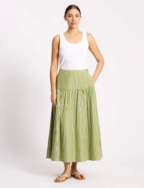 ALBARAY Stripe Drop Waist A-line Midi Skirt
