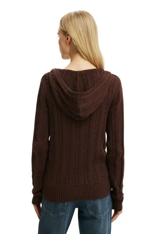 COTTONON Cotton V-neck Pullover Hoodie With Cable Knit Detailing - Dark Oak