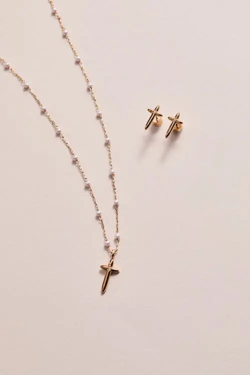 ALEX AND ANI Plated Cross Pendant Necklace With Pearls