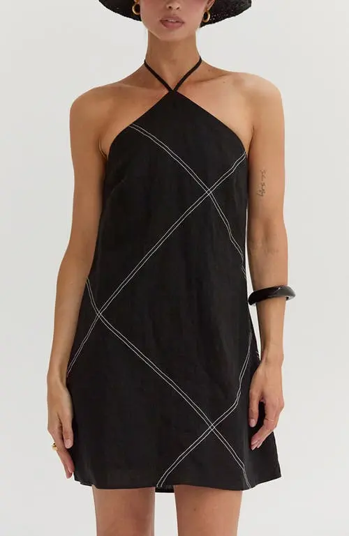 CRESCENT Contrast Stitch Halter Linen Mini Dress - Black