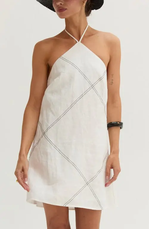 CRESCENT Contrast Stitch Halter Linen Mini Dress - White