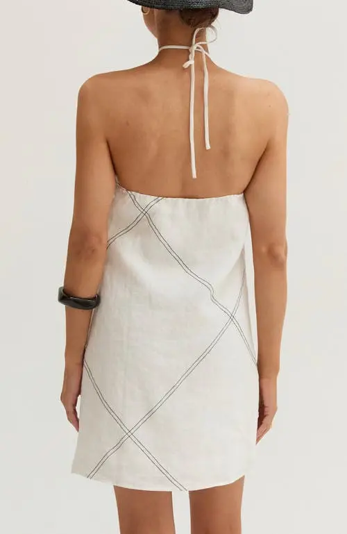 CRESCENT Contrast Stitch Halter Linen Mini Dress - White