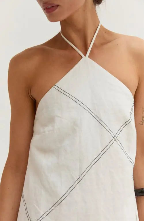 CRESCENT Contrast Stitch Halter Linen Mini Dress - White