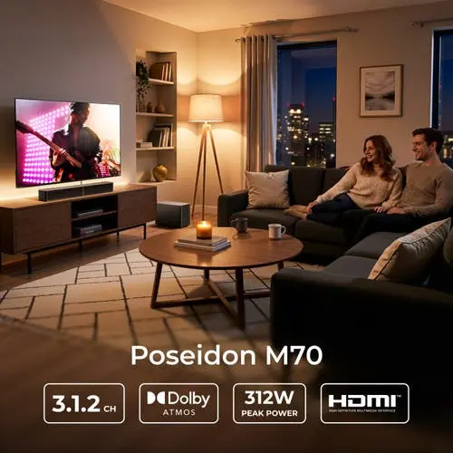 ULTIMEA Poseidon M70 3.1.2ch Dolby Atmos Sound Bar With Wireless Subwoofer, 312w, Hdmi Earc