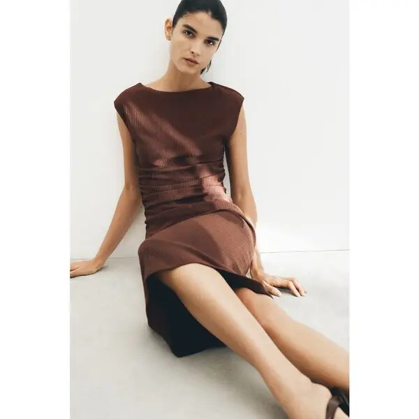 H&m Cap-sleeved Crinkled Dress - Rust Brown