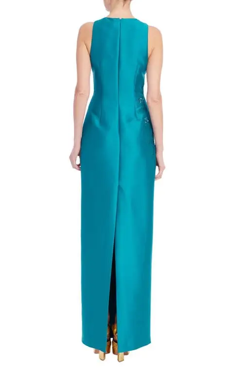 Badgley Mischka Beaded Floral Appliqué Mikado Sheath Gown