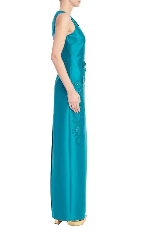 Badgley Mischka Beaded Floral Appliqué Mikado Sheath Gown
