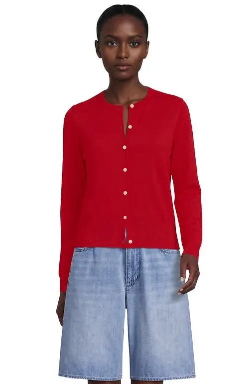 LANDS' END Fine Gauge Cotton Crew Neck Cardigan Sweater - Compass Red