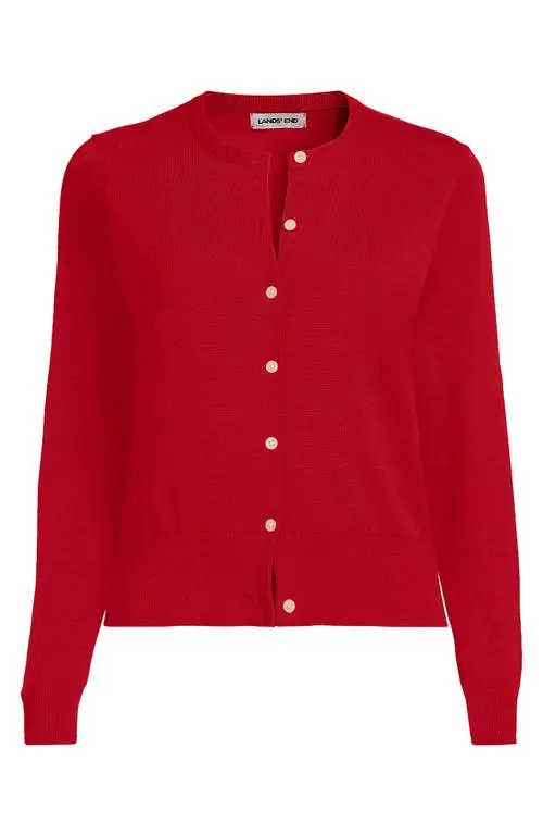 LANDS' END Fine Gauge Cotton Crew Neck Cardigan Sweater - Compass Red