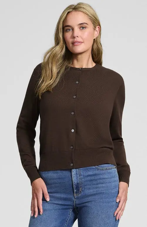 LANDS' END Fine Gauge Cotton Crew Neck Cardigan Sweater - Rich Coffee