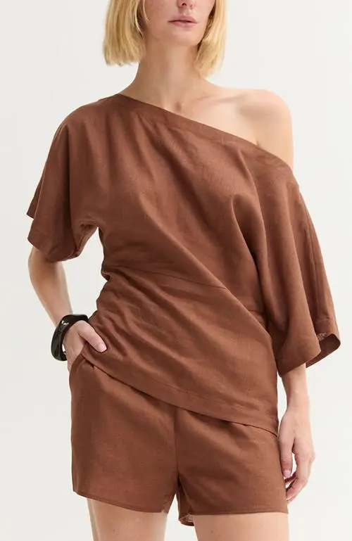 CRESCENT Asymmetrical One Shoulder Linen Blend Top - Brown