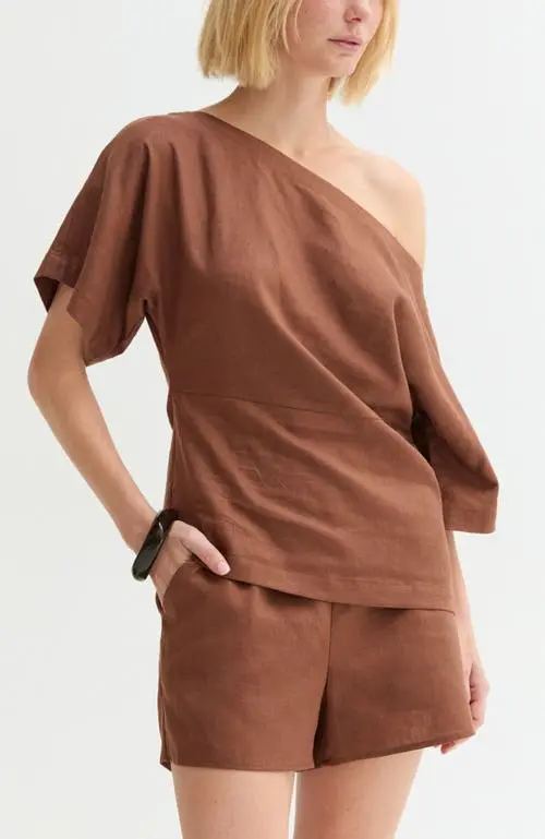 CRESCENT Asymmetrical One Shoulder Linen Blend Top