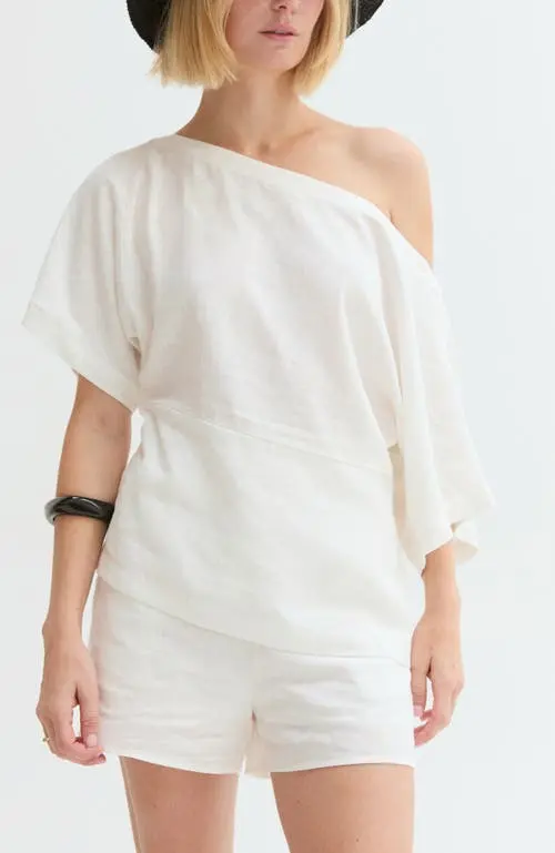 CRESCENT One Shoulder Linen Blend Top - White